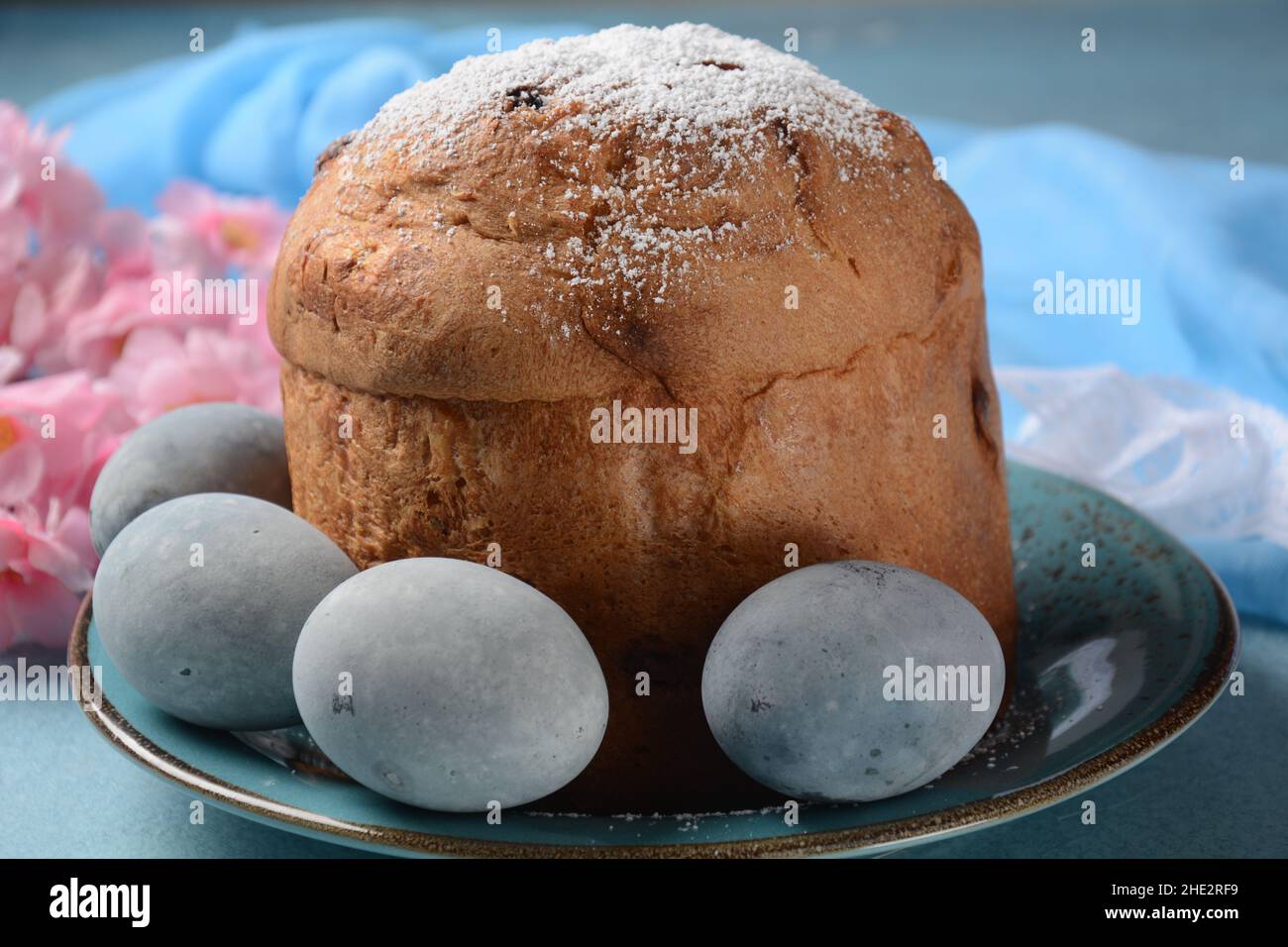Traditional easter cake kulich Ukrainian Russian with colored eggs ...