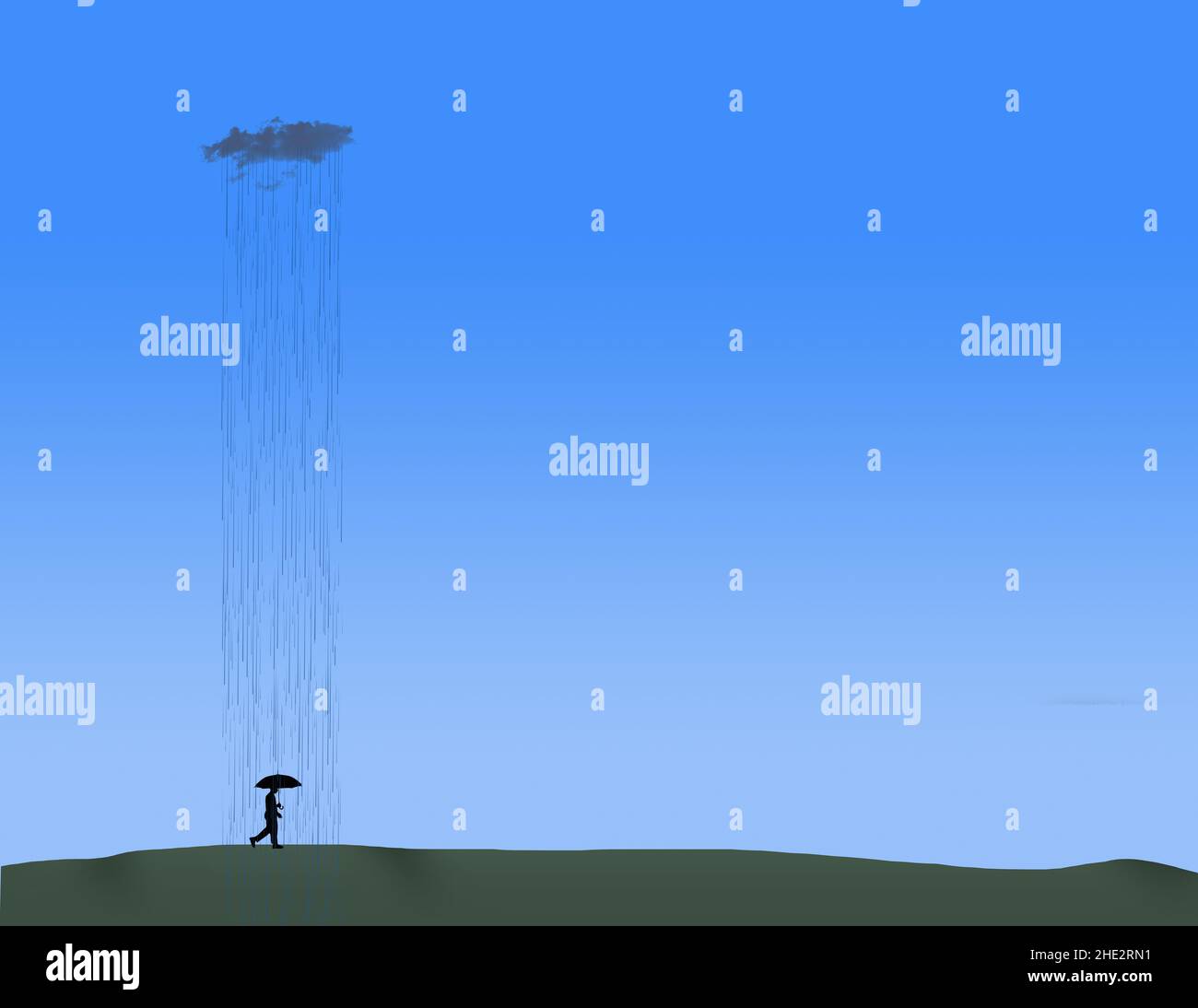One small cloud in the sky rains only on a man below as he walks with ...