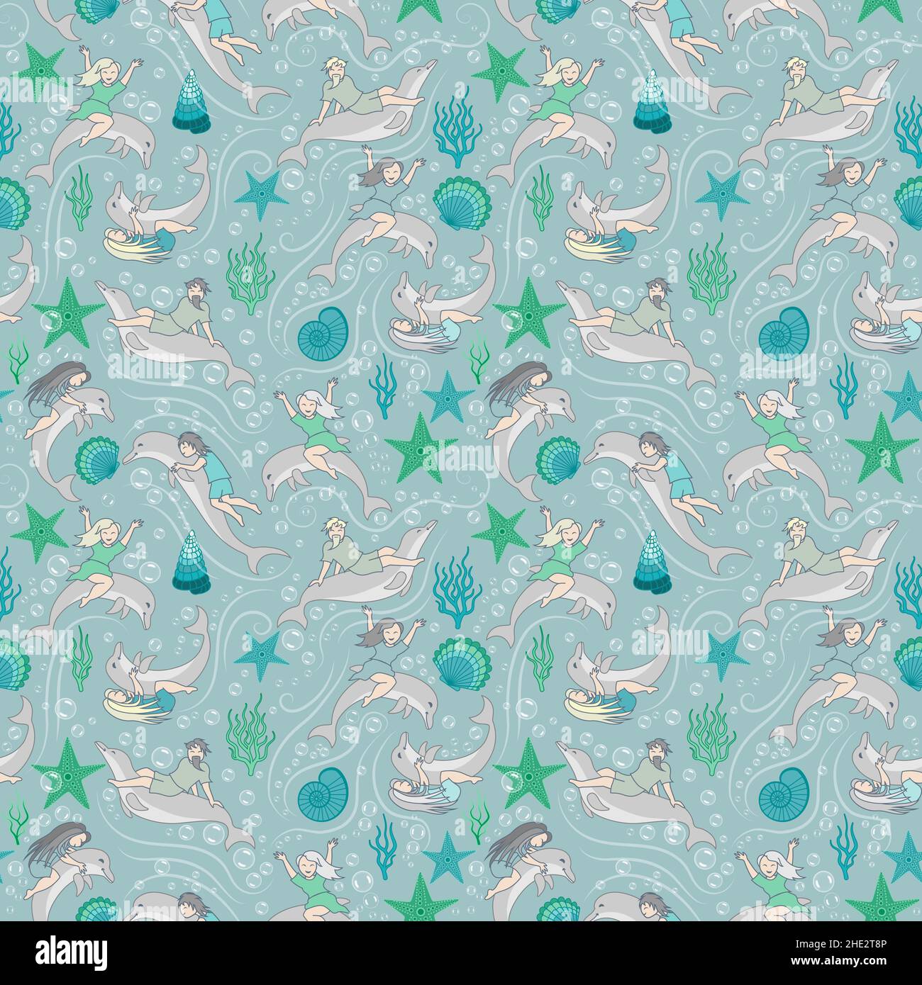Seamless repeat pattern. Underwater, riding dolphins amongst starfish ...