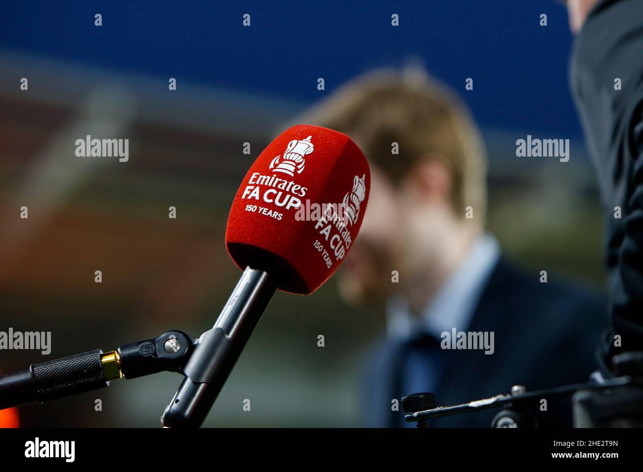 An Emirates FA Cup branded microphone Stock Photo - Alamy