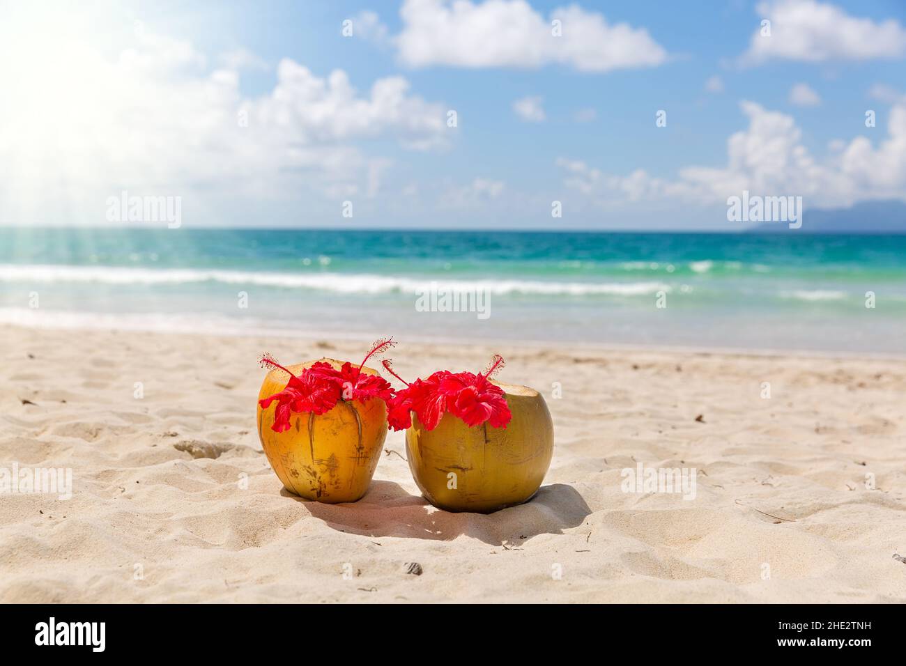 Two coconut cocktails on white sand beach next to clean sea blue water ...