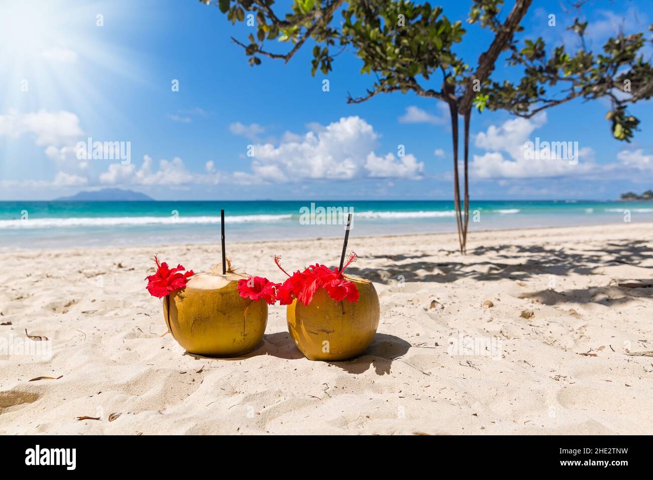 Two coconut cocktails on white sand beach next to clean sea blue water ...