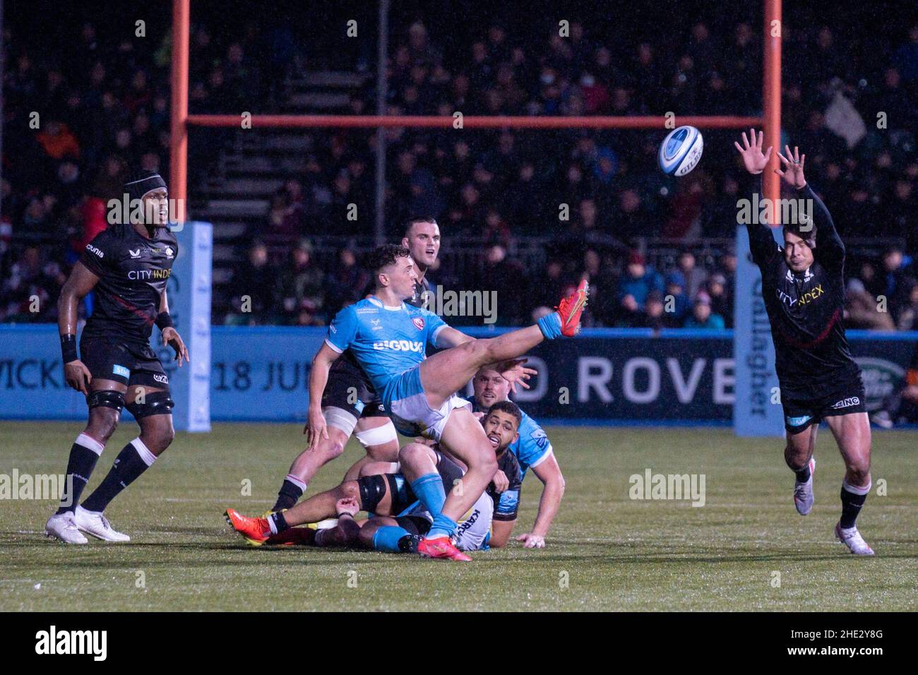 Charlie Chapman #9 of Gloucester Rugby kicks the ball upfield for ...