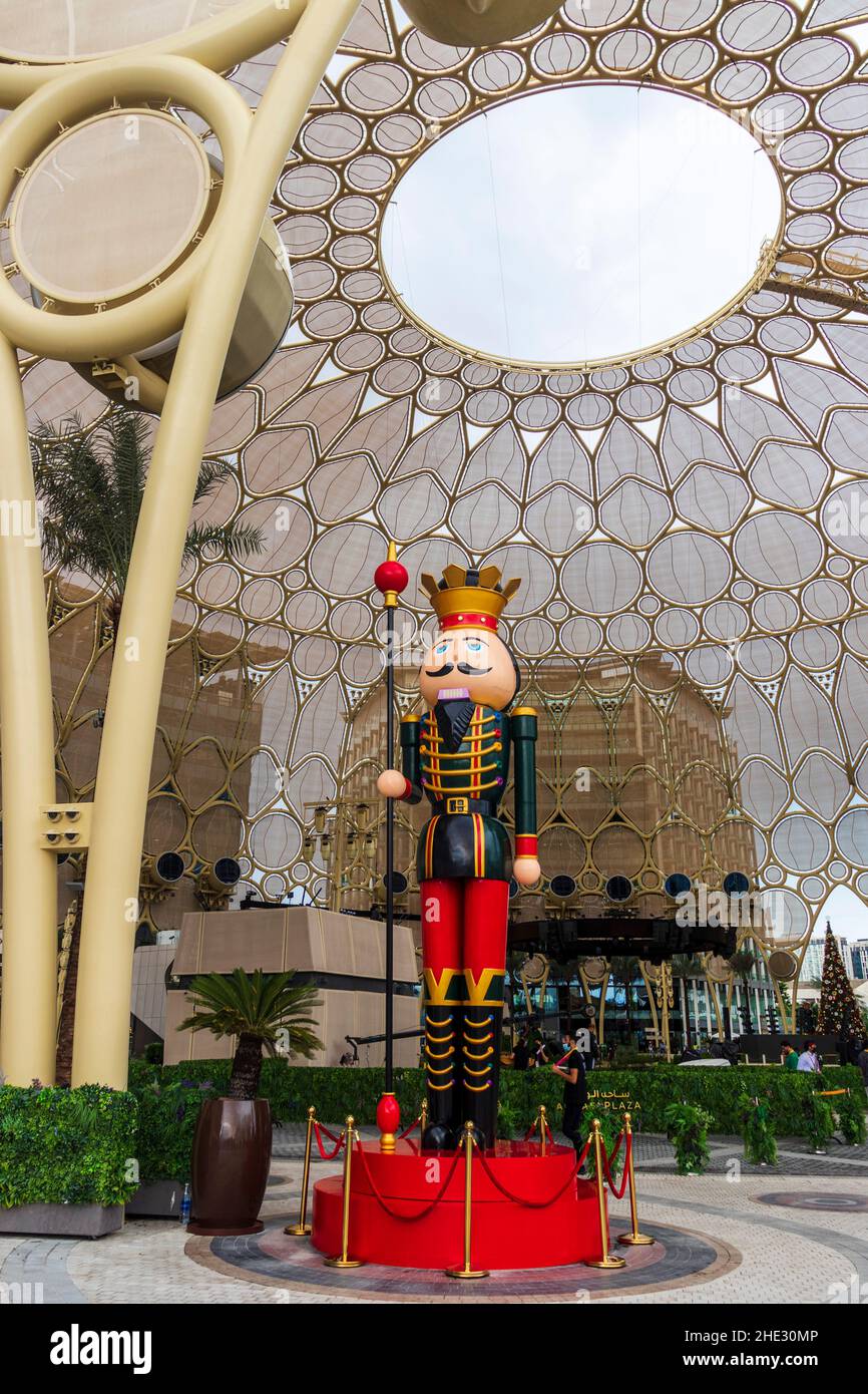 Dubai, UAE - 01.01.2022 Large nutcracker installation at Al Wasl doom ...