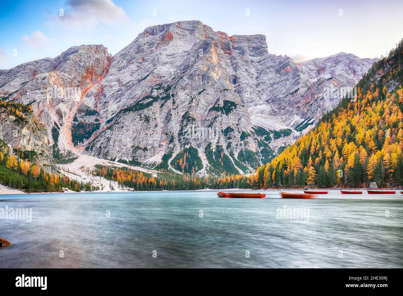 Outstanding scenery of famous alpine lake Braies at autumn. Location: national park Fanes-Sennes ...