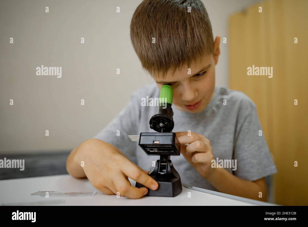 Boy 7 years old, at home looks through microscope Stock Photo - Alamy
