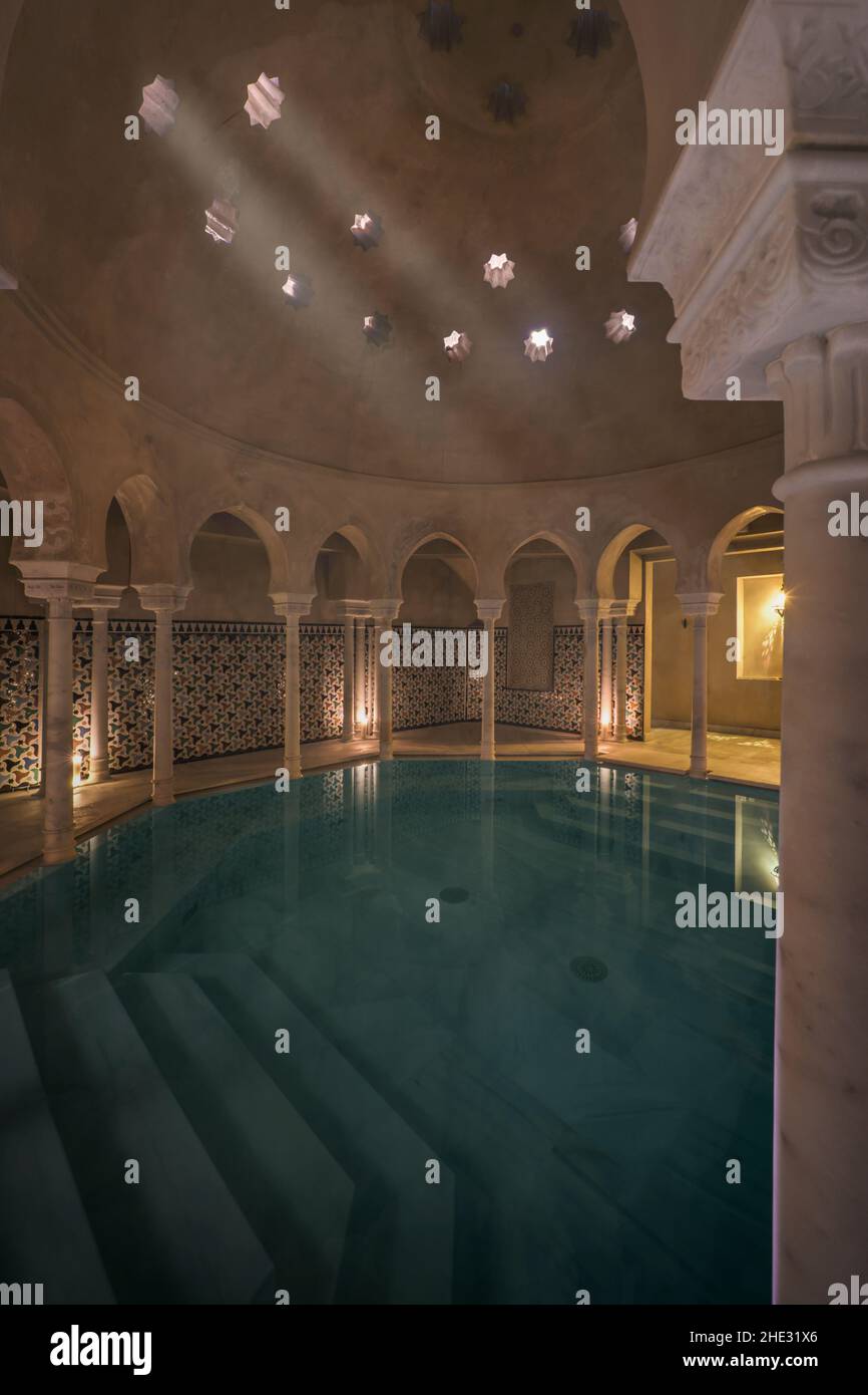 Hot salty water bath with marble column and tumido arches in an Arab ...