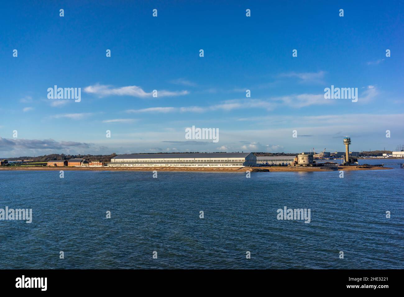 Calshot Spit seen from Solent Water with the Isle of Wight visible in ...