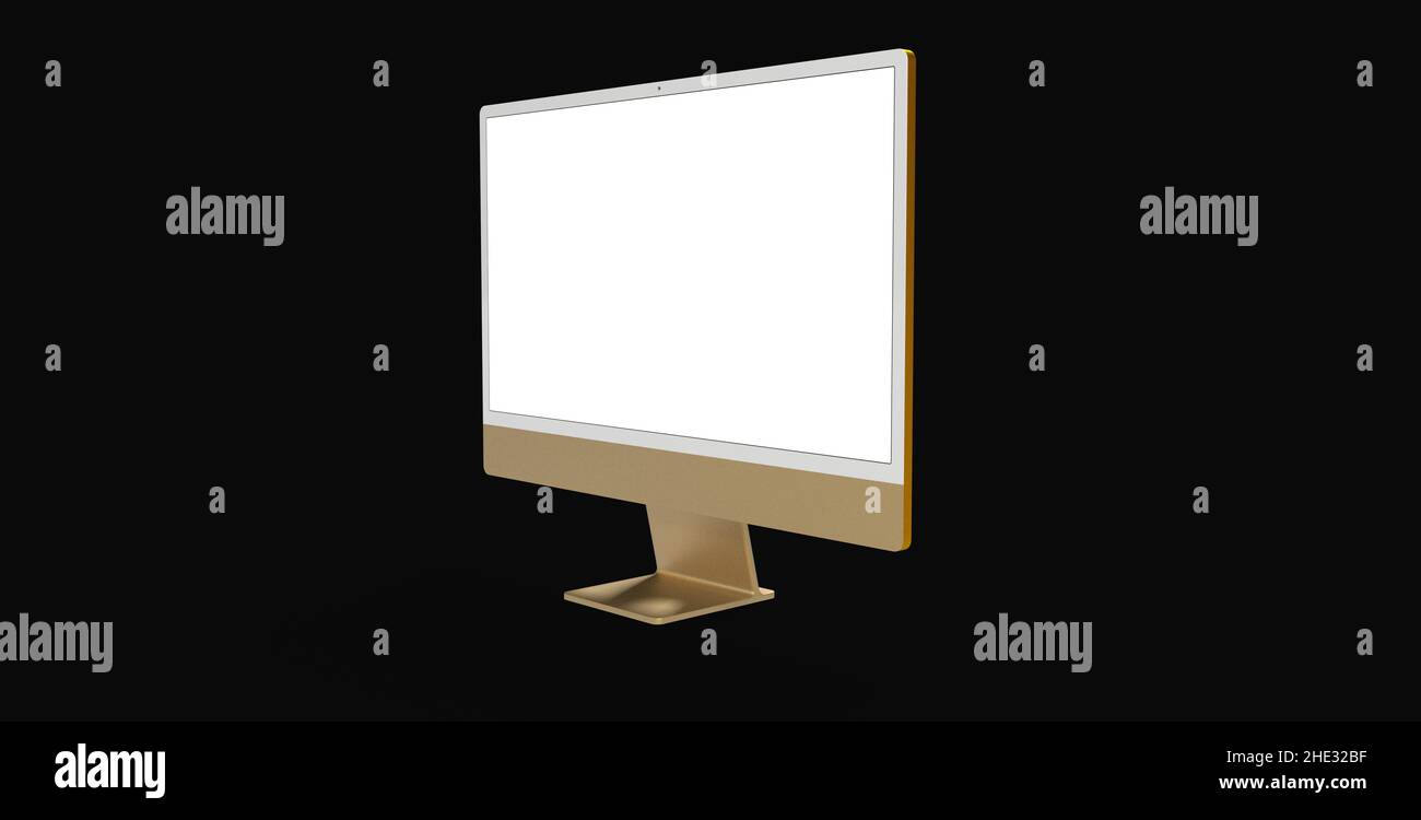 A 3d rendering of a yellow gold Computer Monitor isolated on a black ...