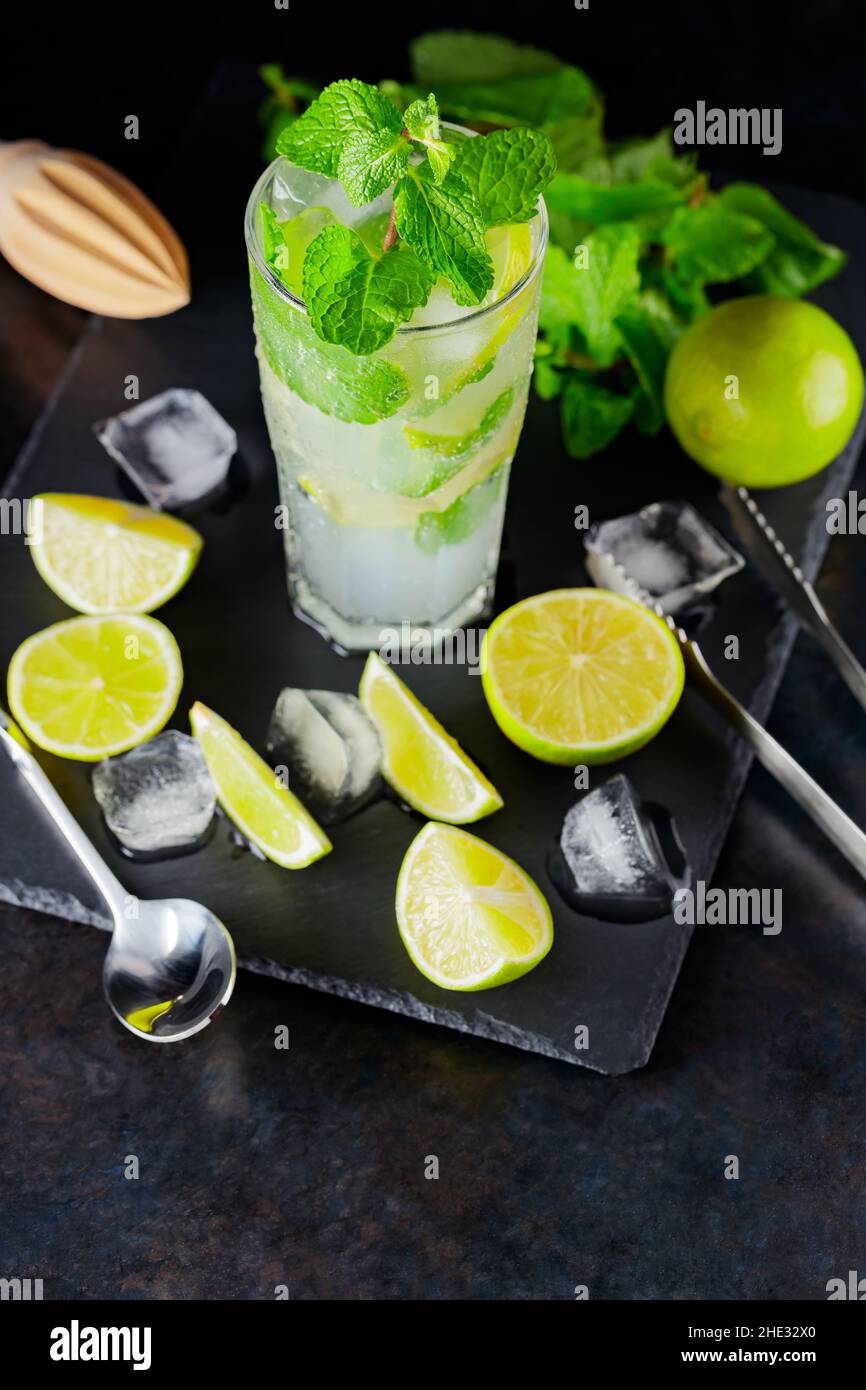 Mojito in highball glass and ingredients for cocktail on a dark ...