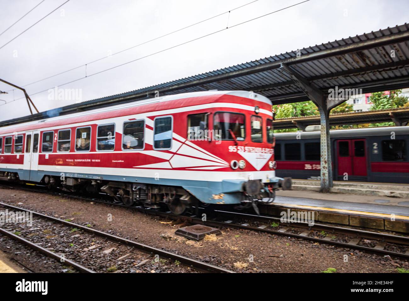 Train in motion or at train platform at Bucharest North Railway Station ...