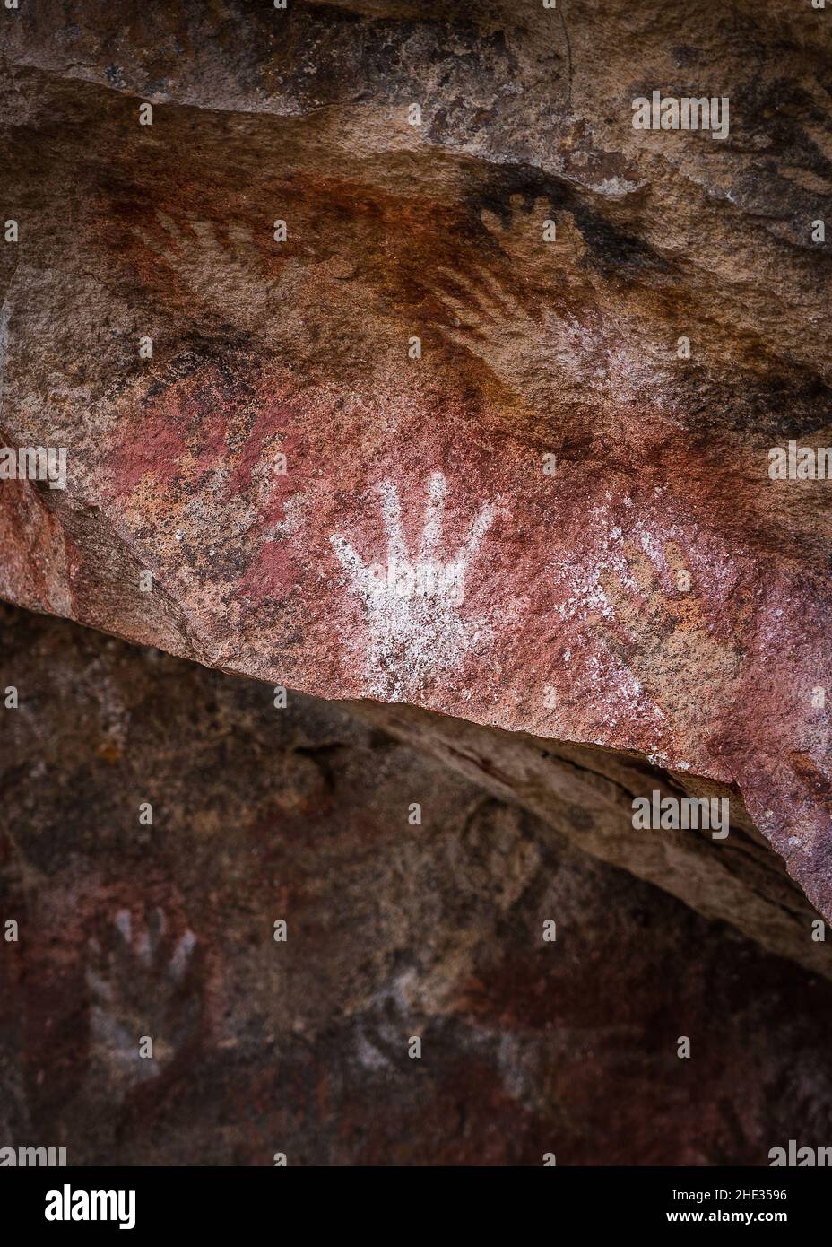 Closeup of prehistoric hand paintings at the Cave of the Hands aka ...