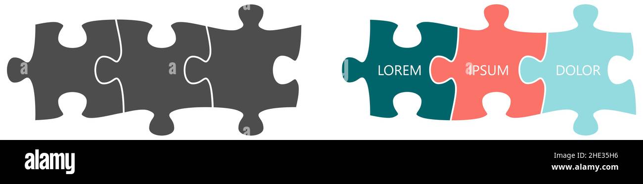 Simple three connected jigsaw puzzle pieces illustration, gray and ...