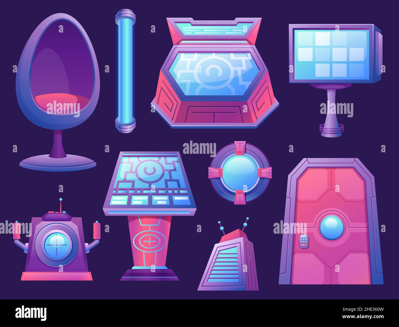 Cartoon spaceship control panels, chair, door and porthole. Futuristic ...