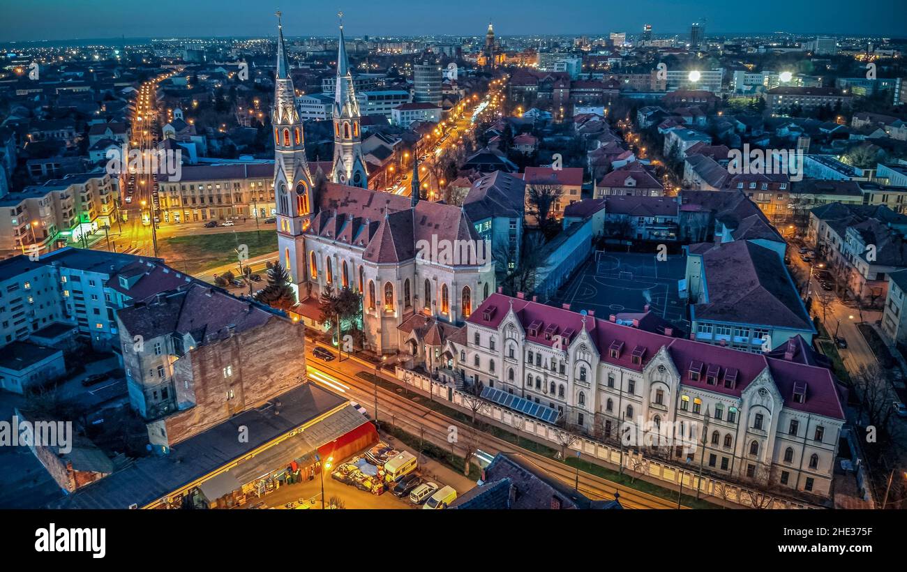 Aerial night view with the Romano-catholic church from Elisabetin ...