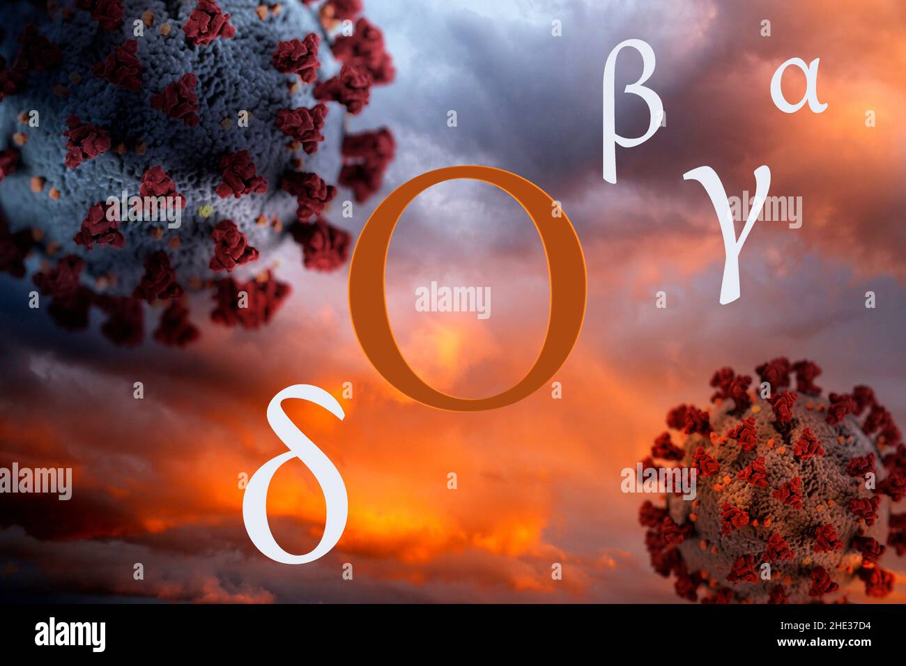 Illustration of the Covid-19 virus mutations Alpha, Beta, Gamma, Delta ...