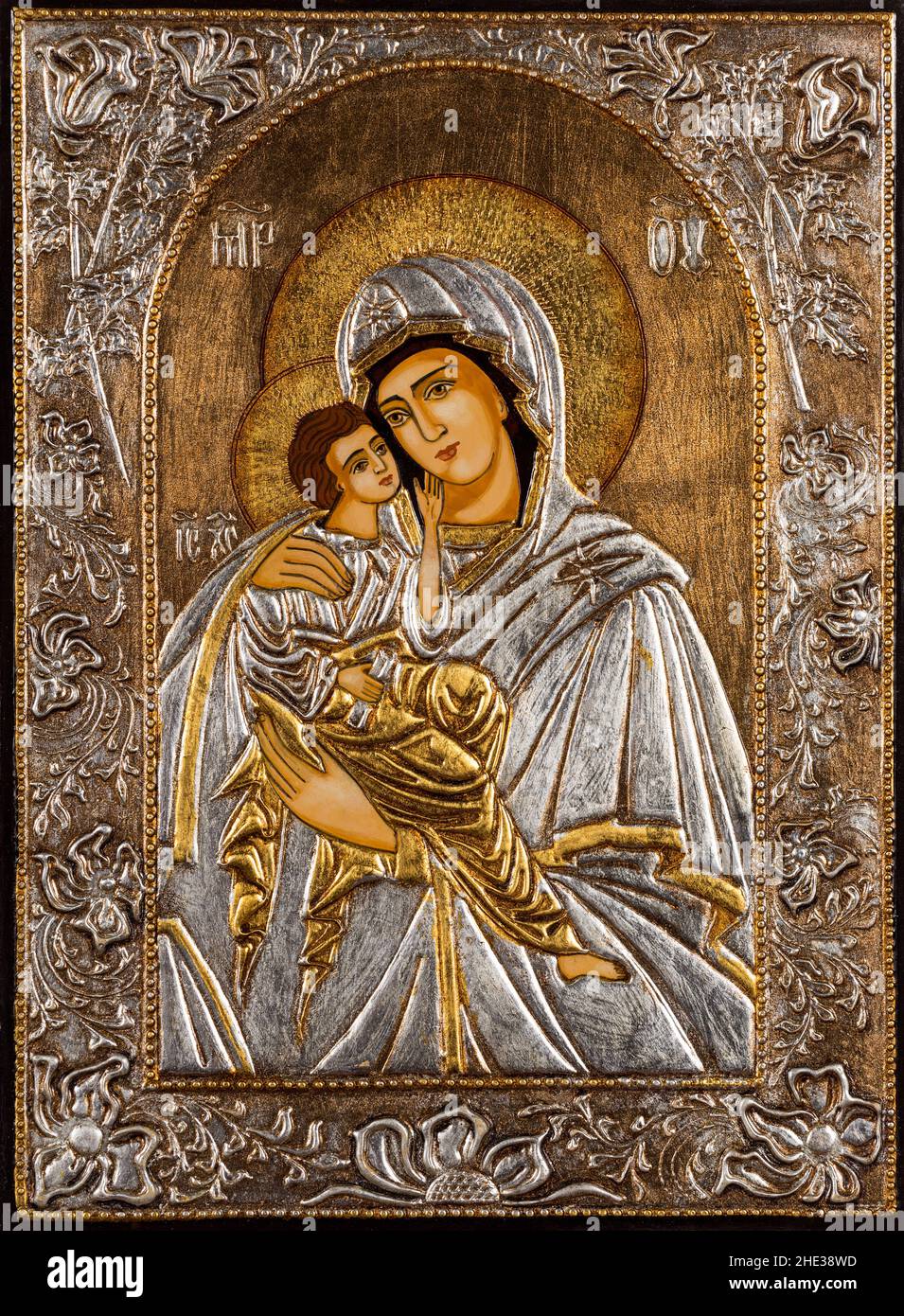 Icon painted in the byzantine or orthodox style depicting Virgin Mary ...