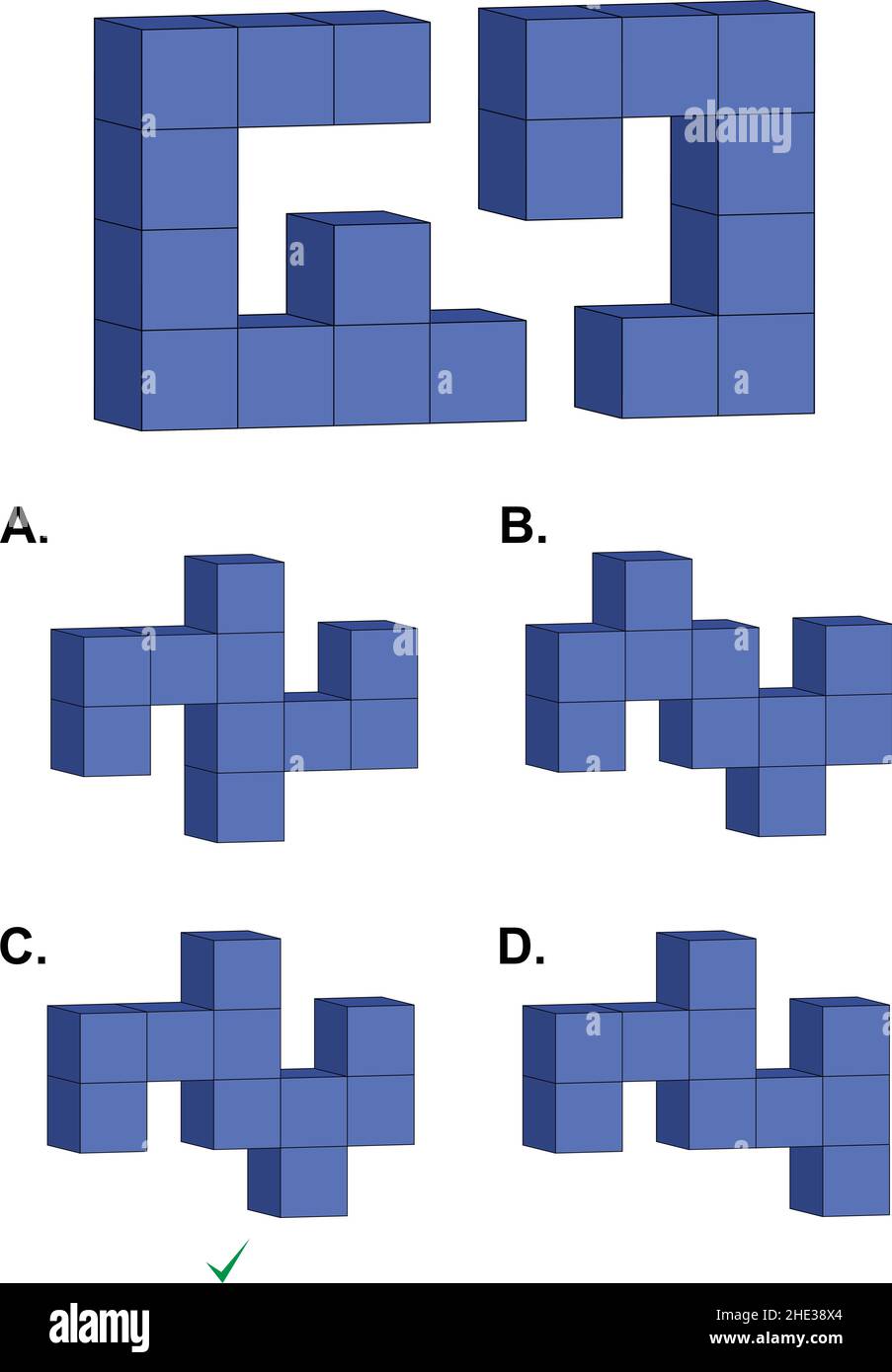 IQ abstract reasoning question with one main object made of cubes and four options Stock Vector ...