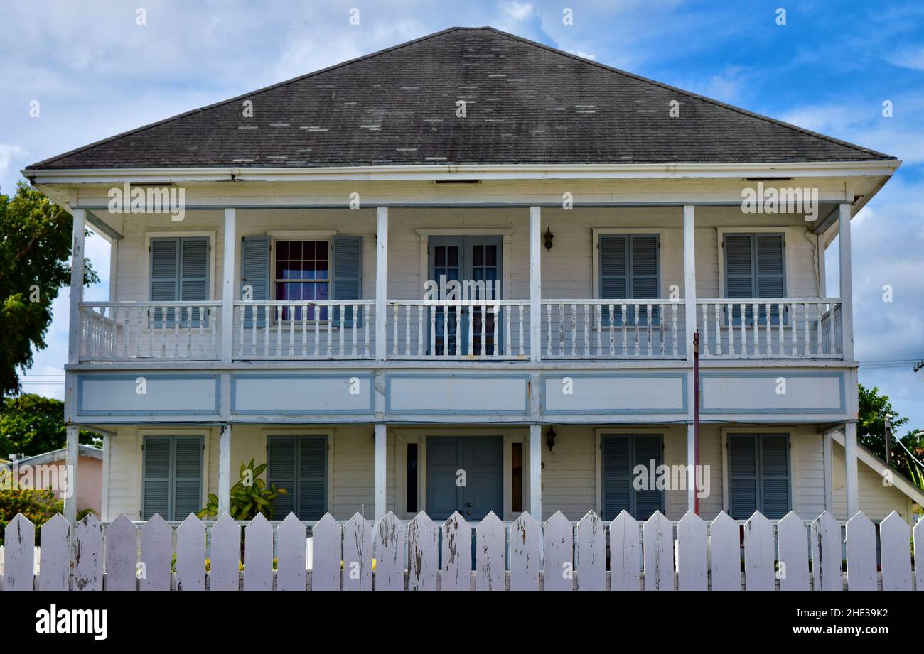 The front of a restored colonial architecture historical building in ...