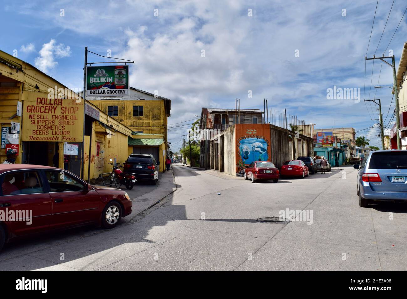 A fork in the road leading to two streets in the center of Belize City ...