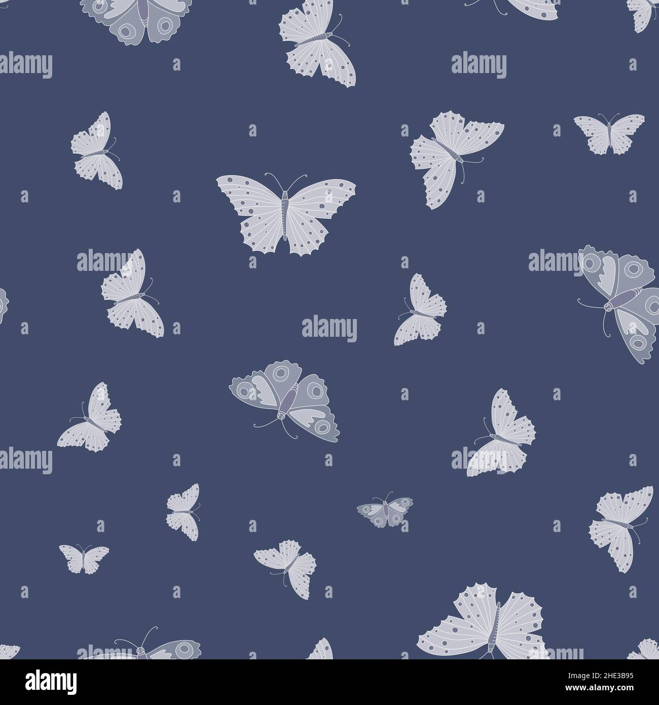 Monochromatic butterfly seamless pattern on dark blue background Stock ...