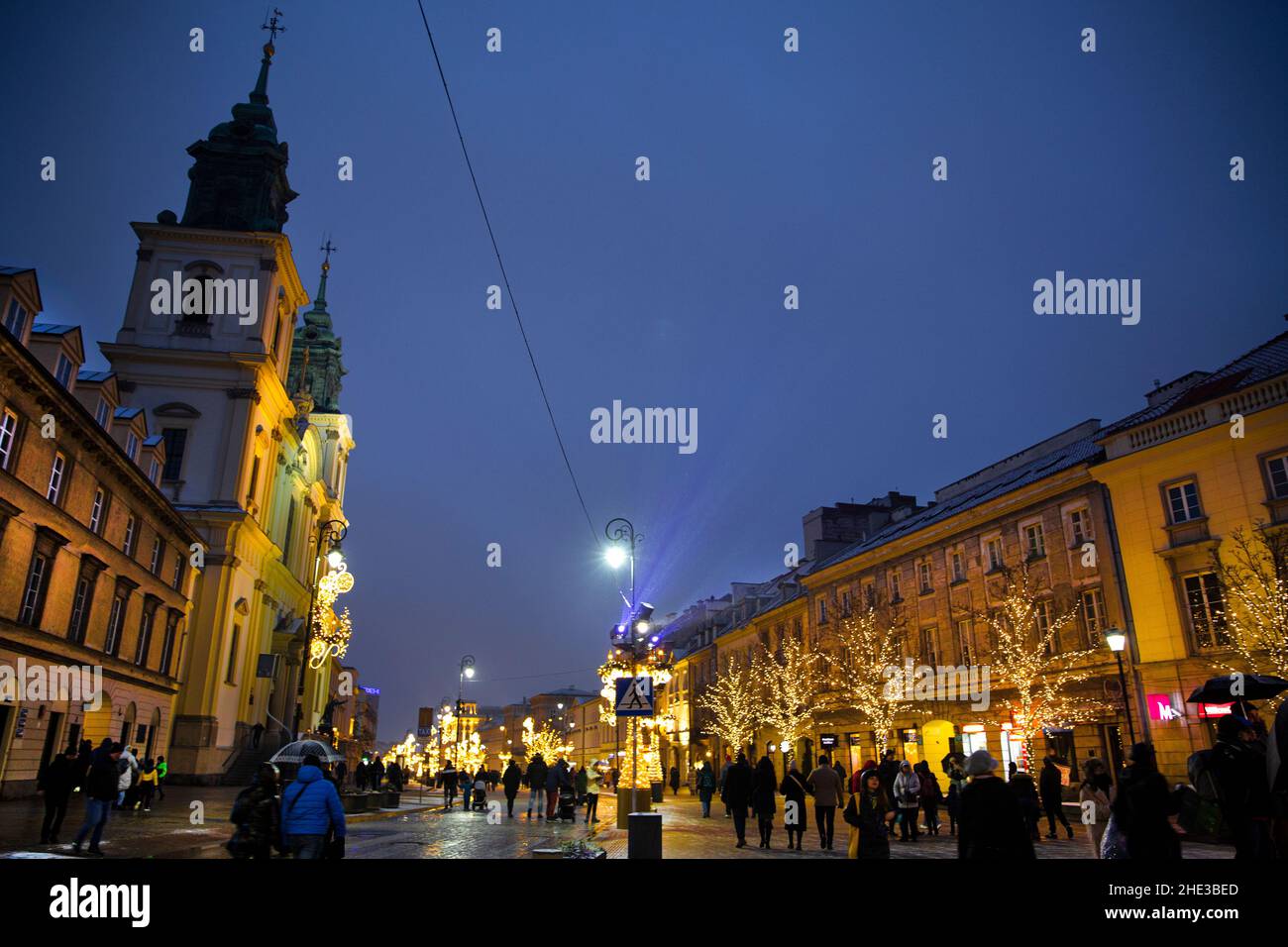 5 of December 2021 Warsaw, Poland. Nowy Swiat street. Festive Christmas ...