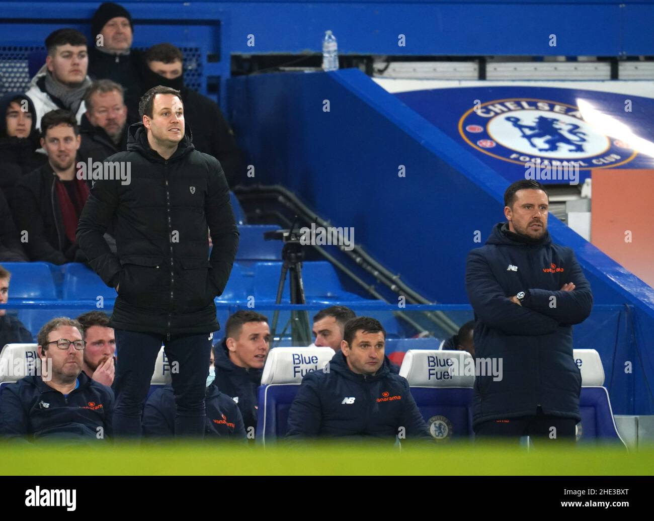 Chesterfield manager James Rowe (left) and coach Danny Webb (far right ...