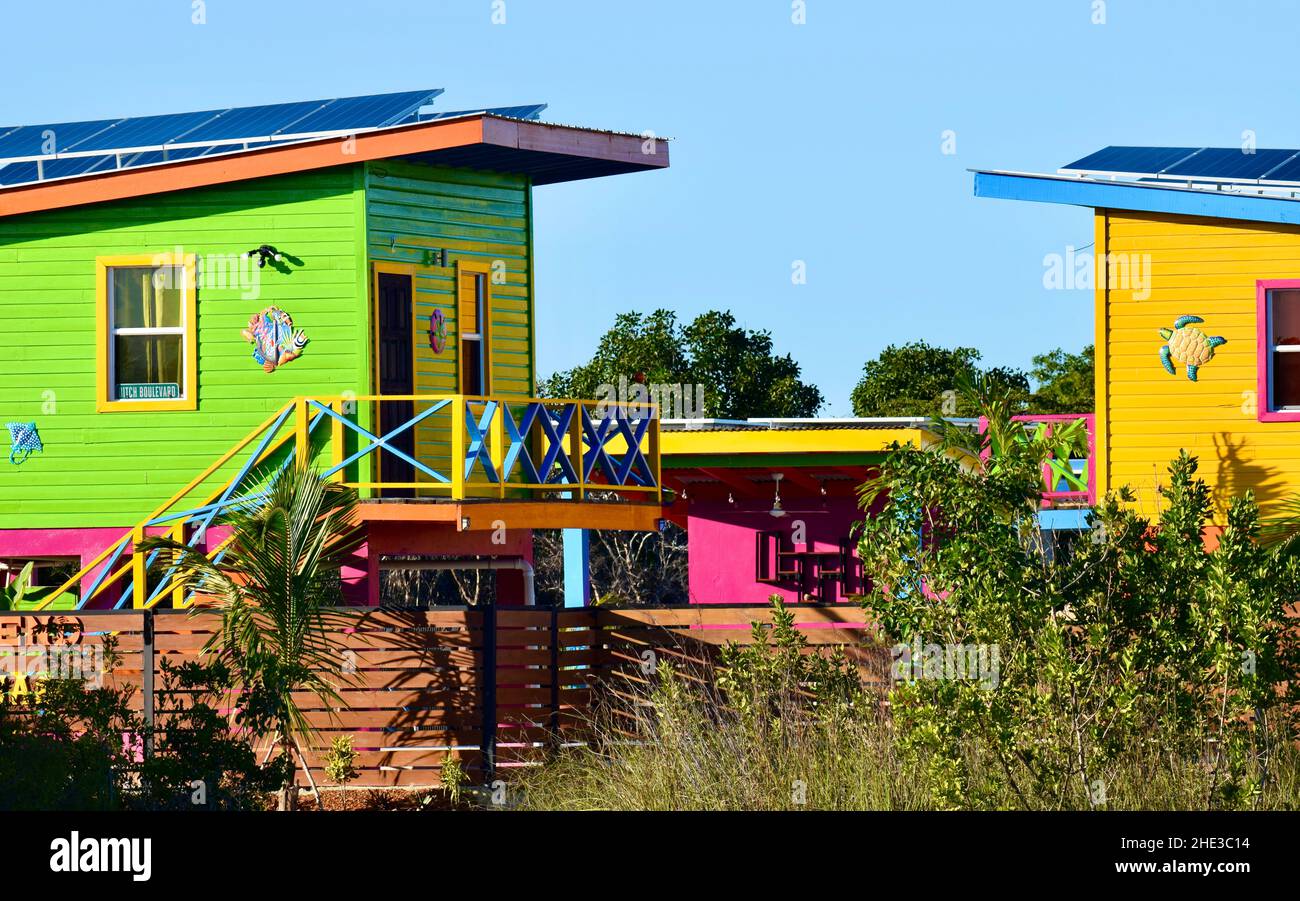 Some colorful buildings with solar panels on the road to Secret Beach ...