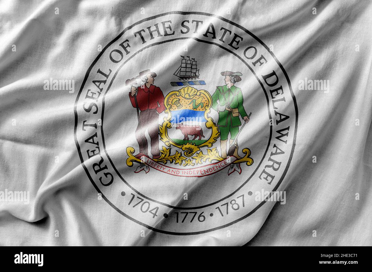 Waving detailed national US country state flag of Delaware Seal Stock ...