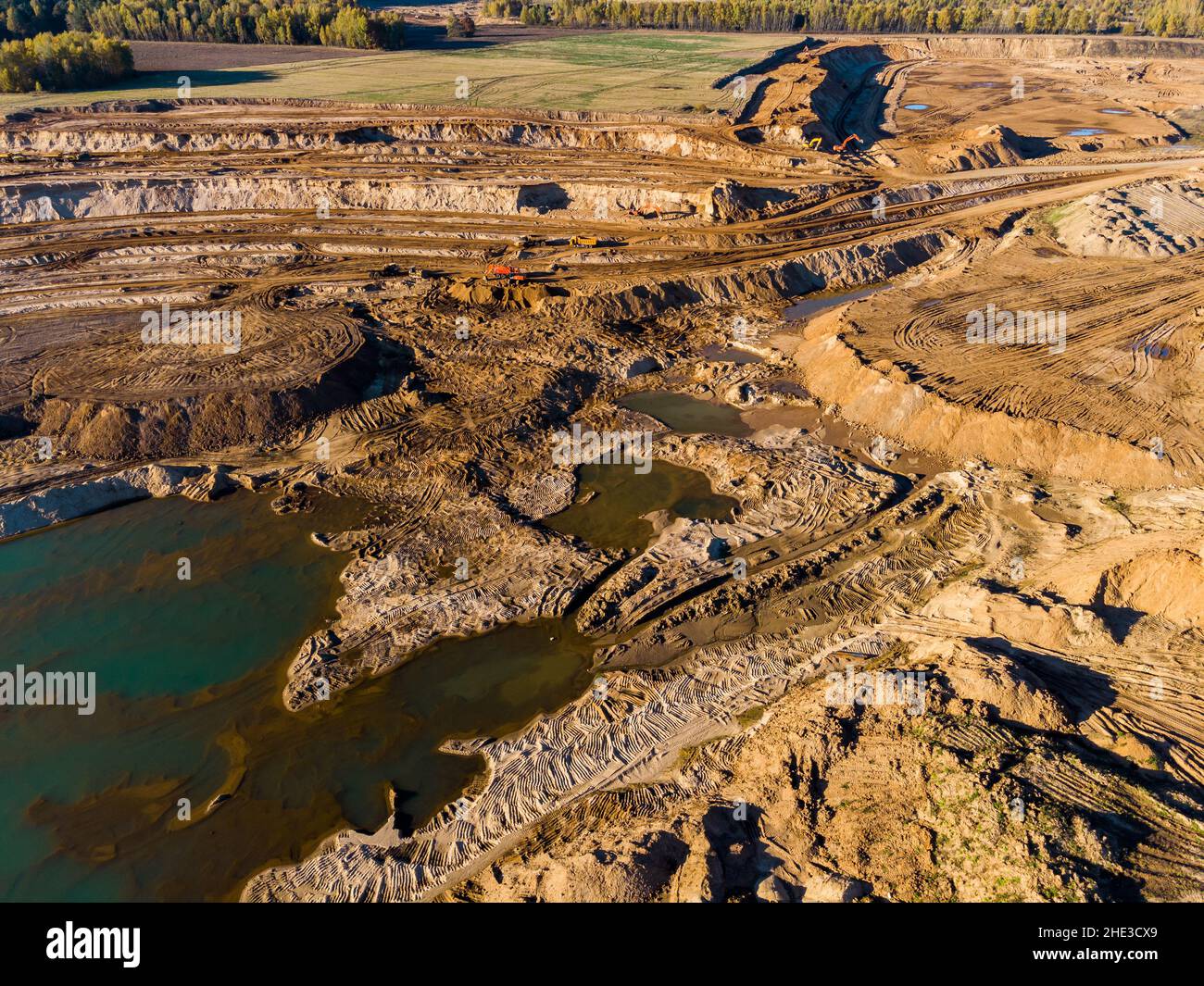 Panoramic aerial view of a large sand quarry, industrial landscape with ...