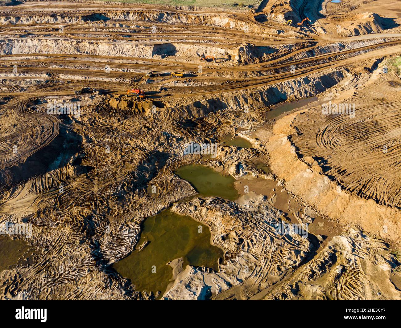 Panoramic aerial view of a large sand quarry, industrial landscape with ...