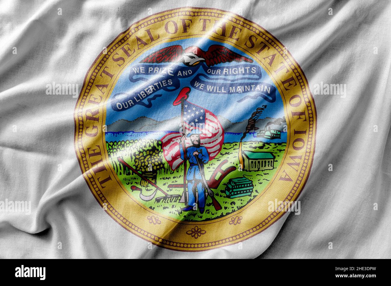 Waving detailed national US country state flag of Iowa Seal Stock Photo ...