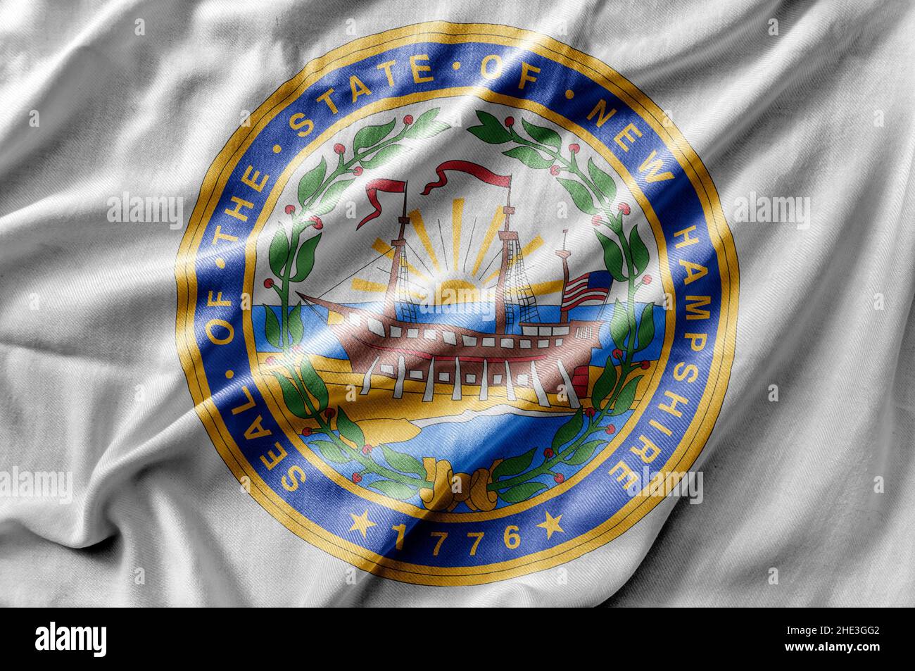 Waving detailed national US country state flag of New Hampshire Seal ...