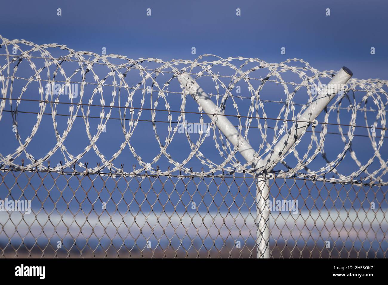 NATO barb wire with sharp and dangerous razor blades mounted on a fence ...