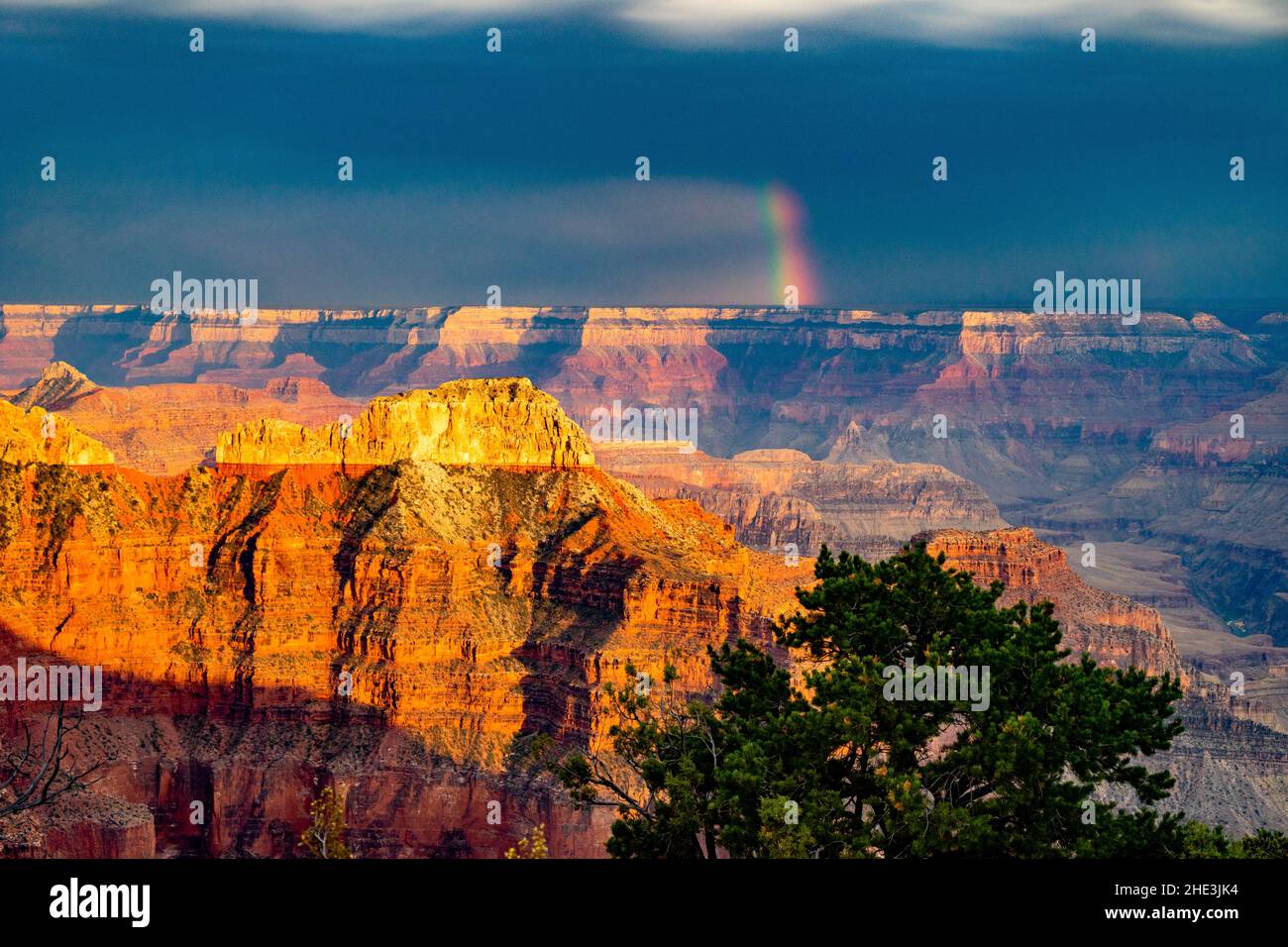 Grand Canyon with sunlight on cliffs with dark clouds and rainbow in ...
