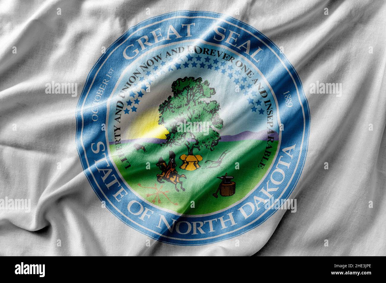 Waving detailed national US country state flag of North Dakota Seal ...