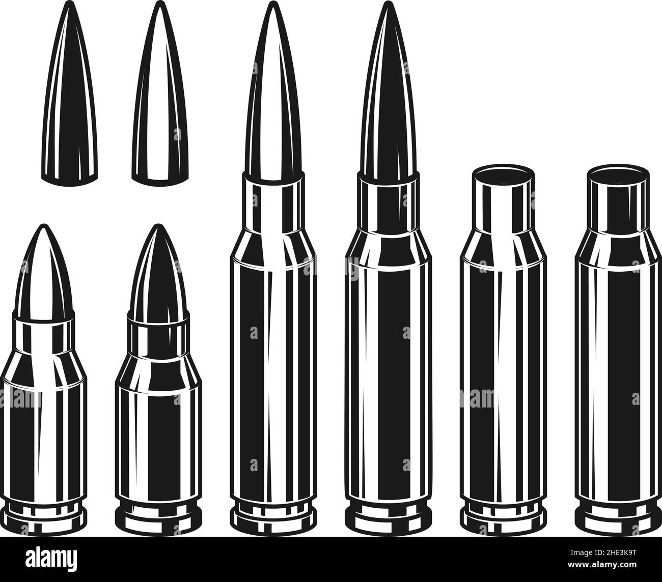 Set Of Illustrations Of Bullets And Cartridges In Vintage Monochrome Style Design Element For