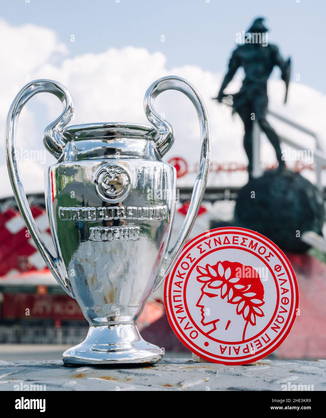 June 14, 2021 Athens, Greece. The emblem of the football club ...