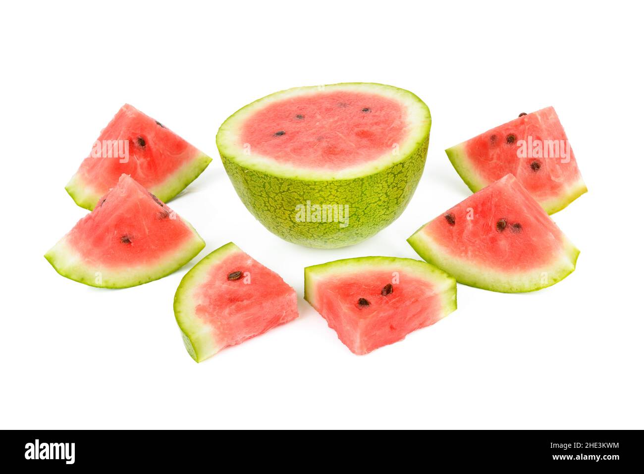 Ripe round watermelon and watermelons slices isolated on white ...