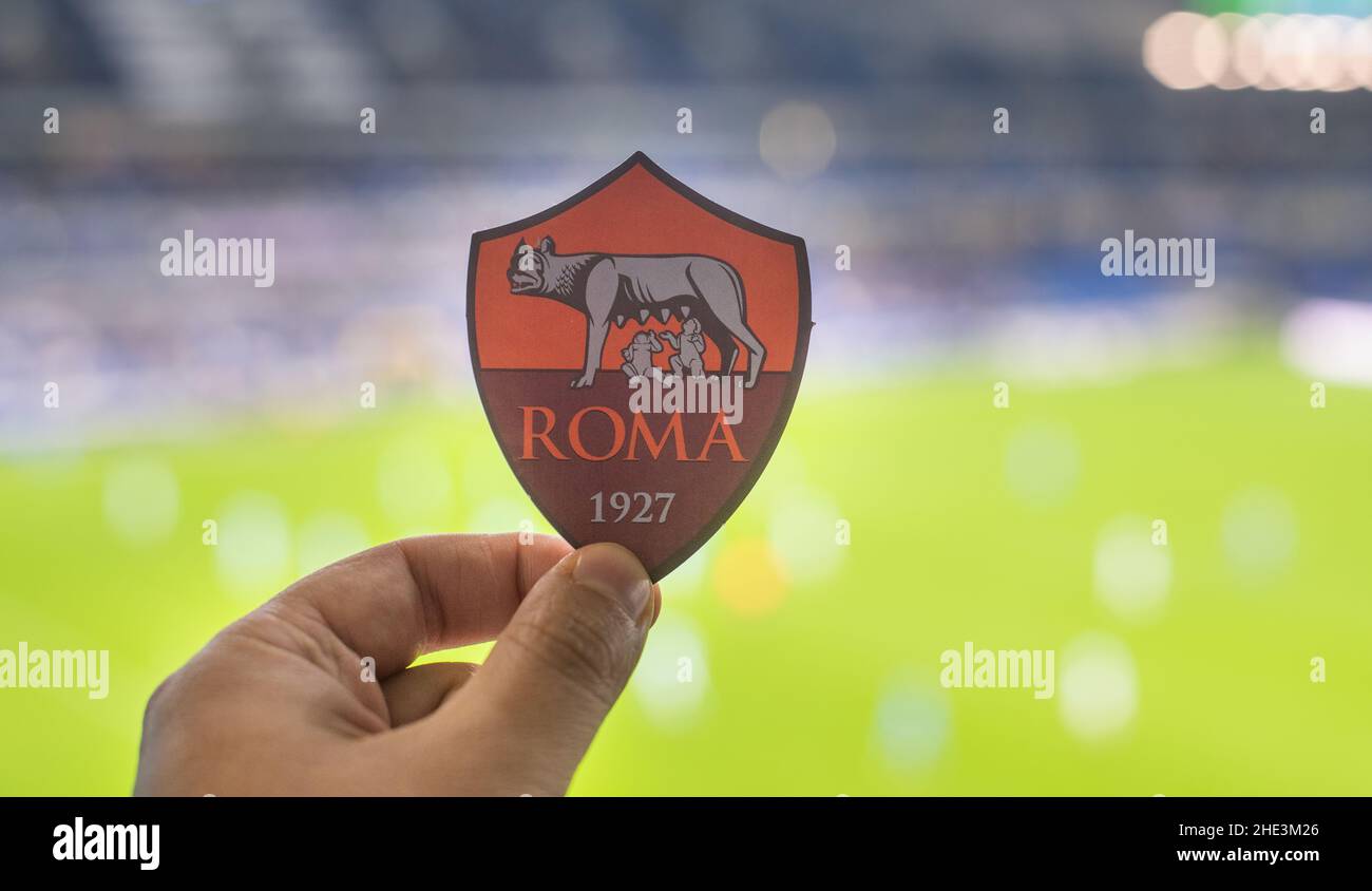 September 12, 2021, Rome, Italy. A.S. Football Club emblem Roma against ...
