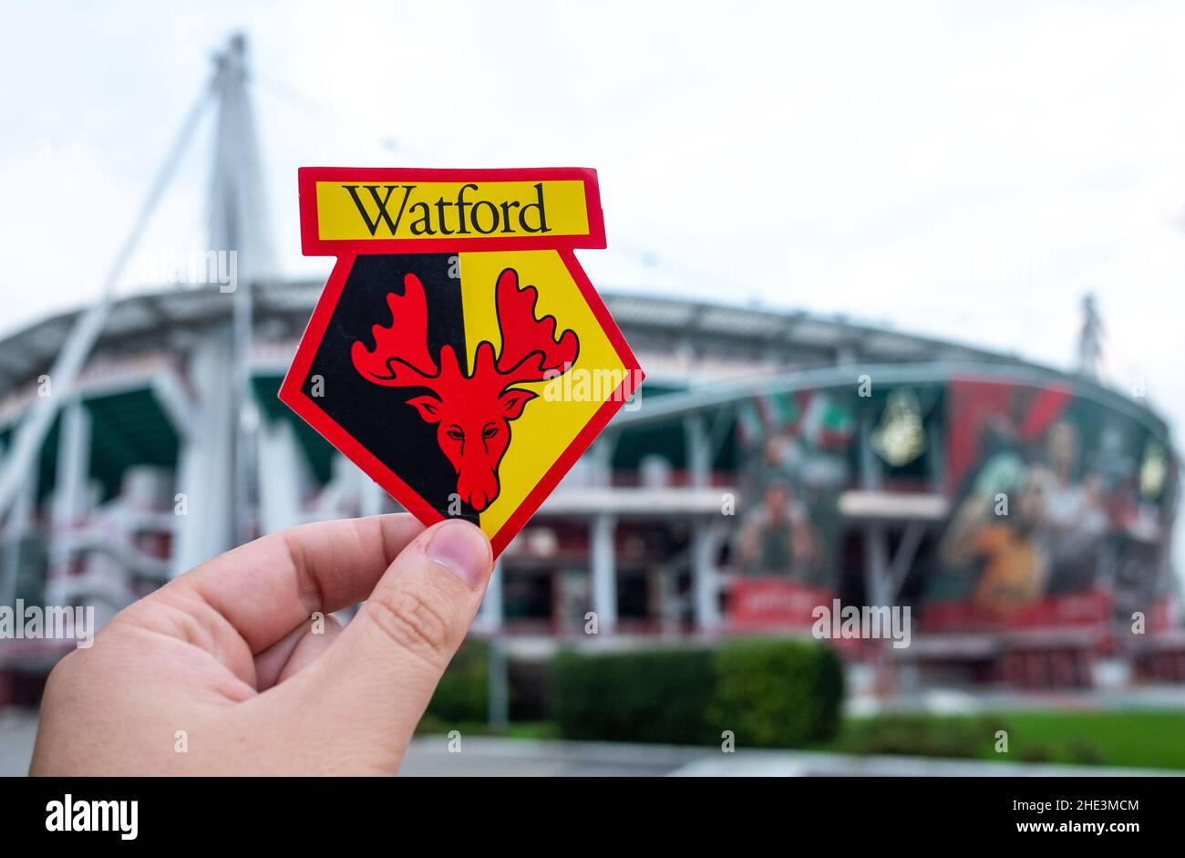 August 30, 2021, Watford, UK. Watford F.C. Football Club emblem against ...