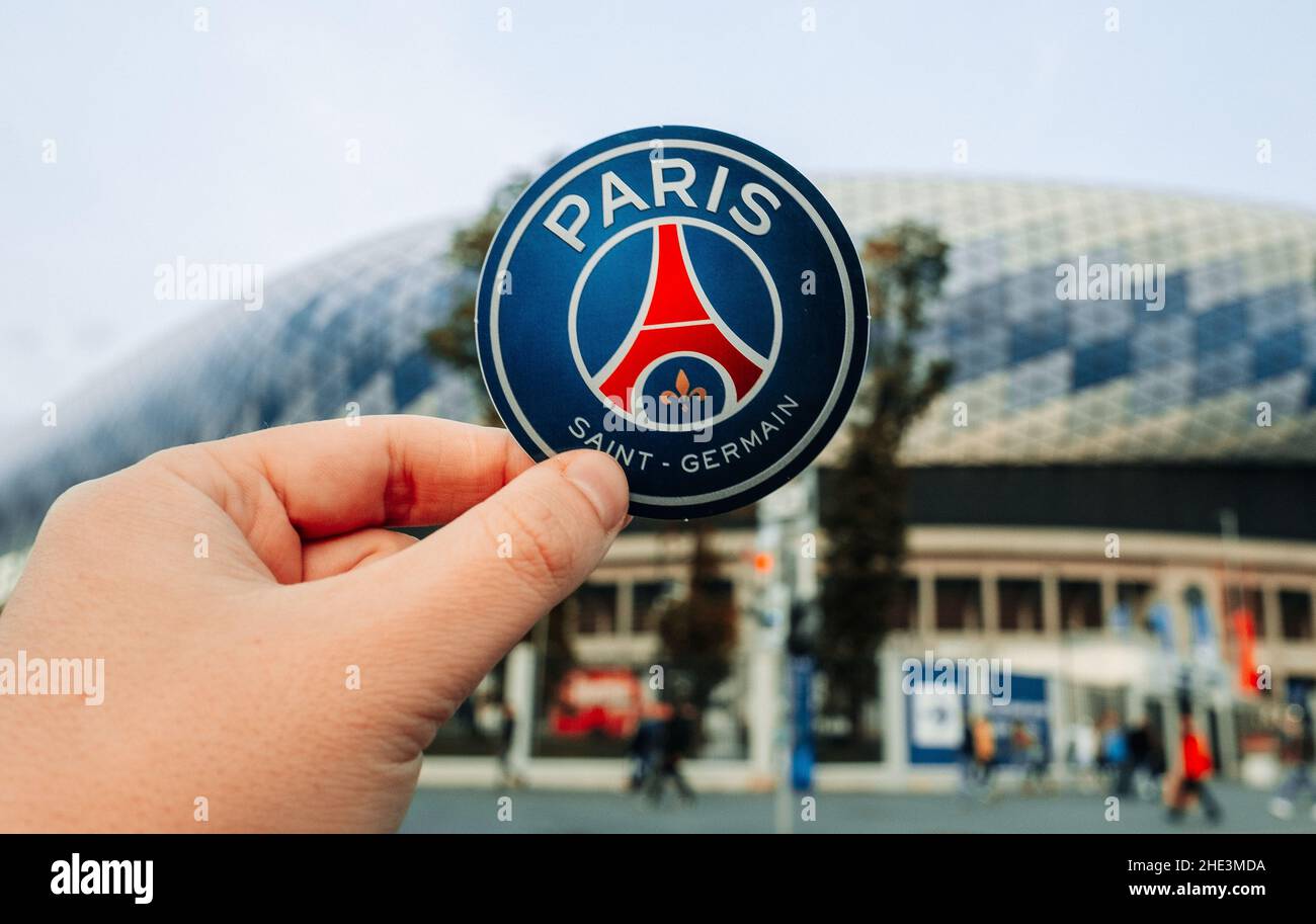 September 12, 2021,, Paris, France. The emblem of the football club ...