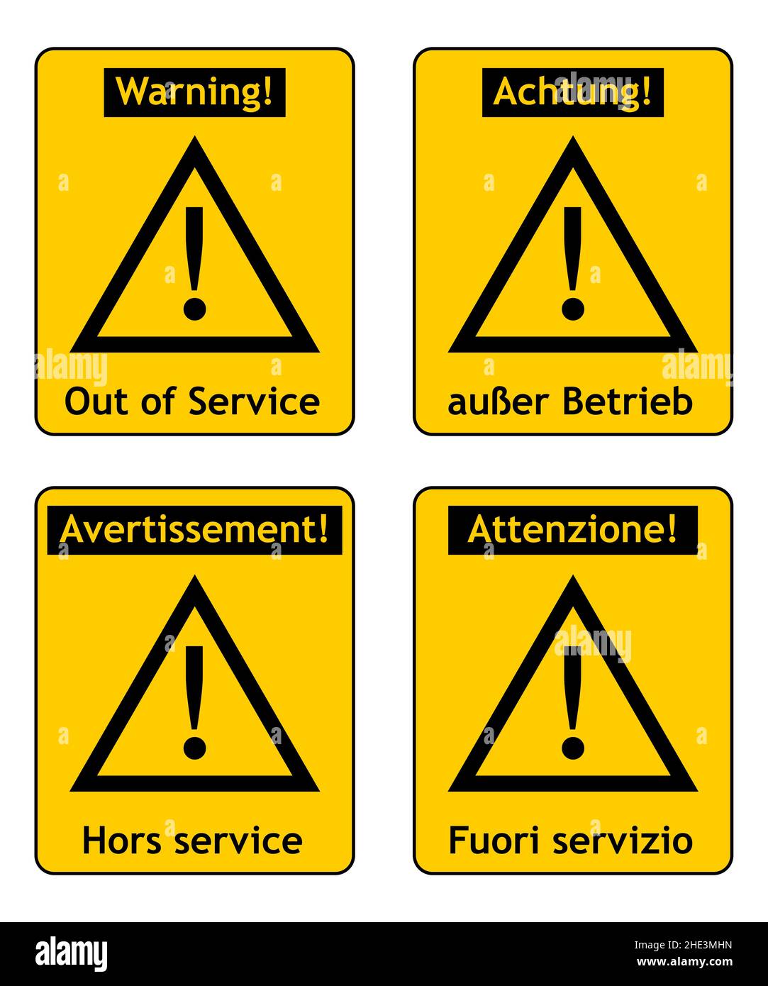 Out of service warning sign in black over yellow written in English ...