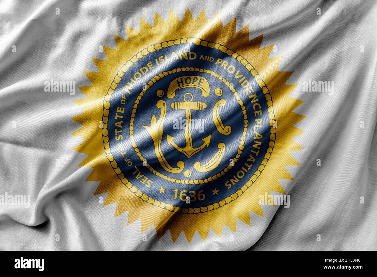 Waving detailed national US country state flag of Rhode Island Seal ...