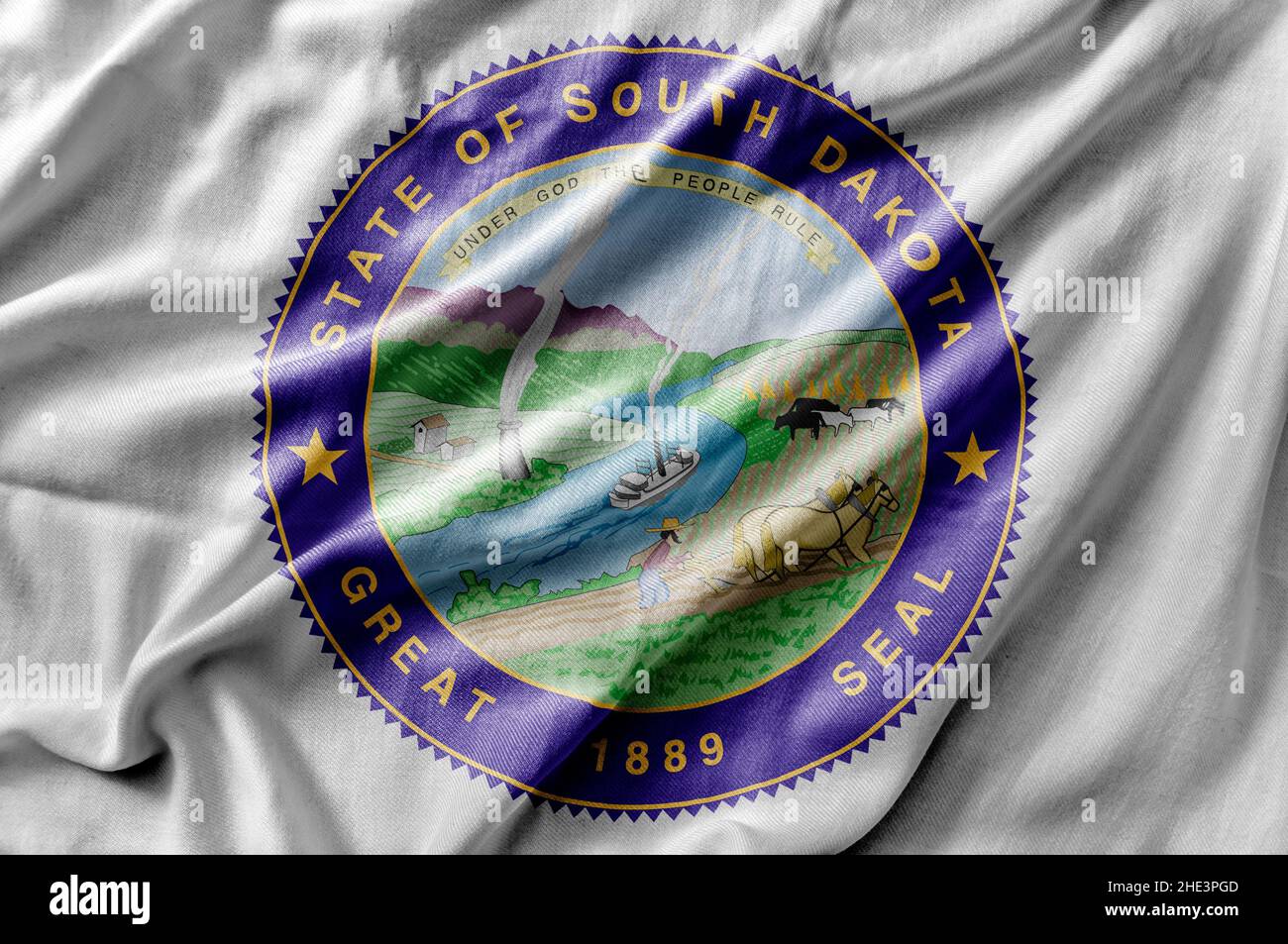 Waving detailed national US country state flag of South Dakota Seal ...
