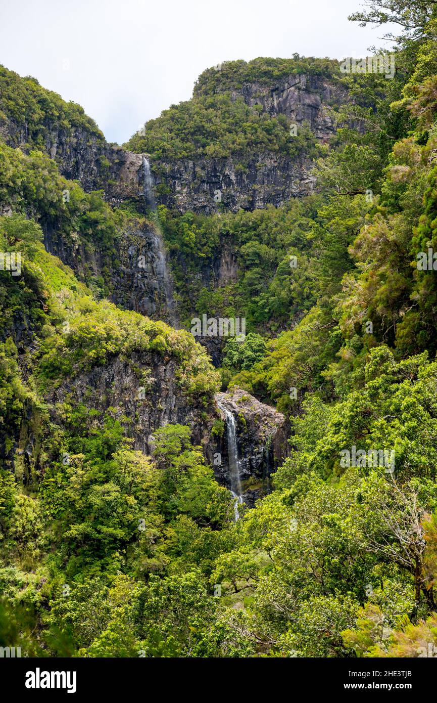 Spectacular double waterfall falling through jungle forest Stock Photo ...
