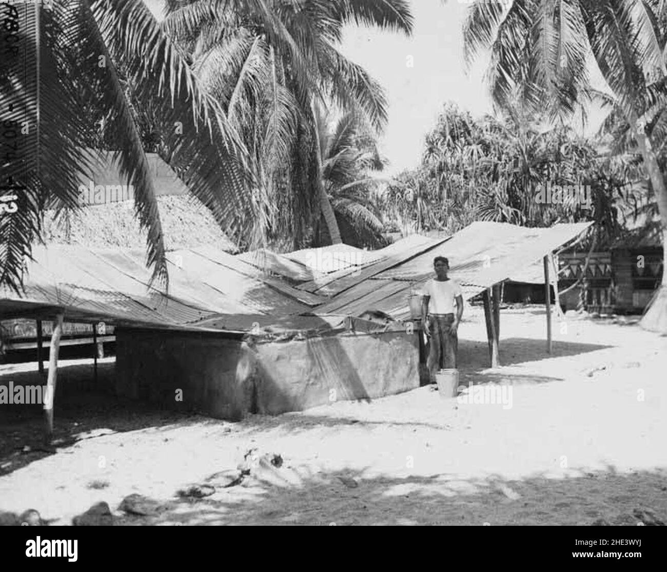 Rongerik native standing beside water collecting device built by ...