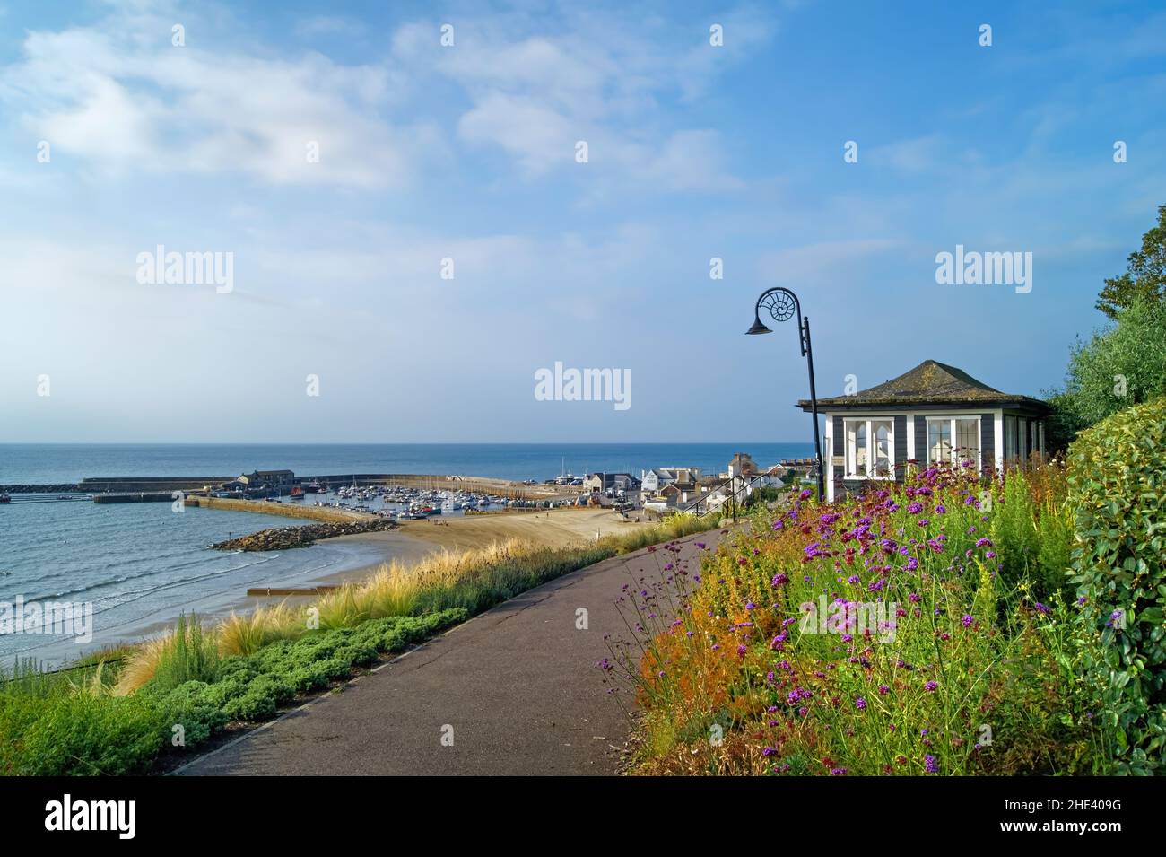 UK, Dorset, Lyme Regis, The Harbour from Langmoor Gardens Stock Photo ...