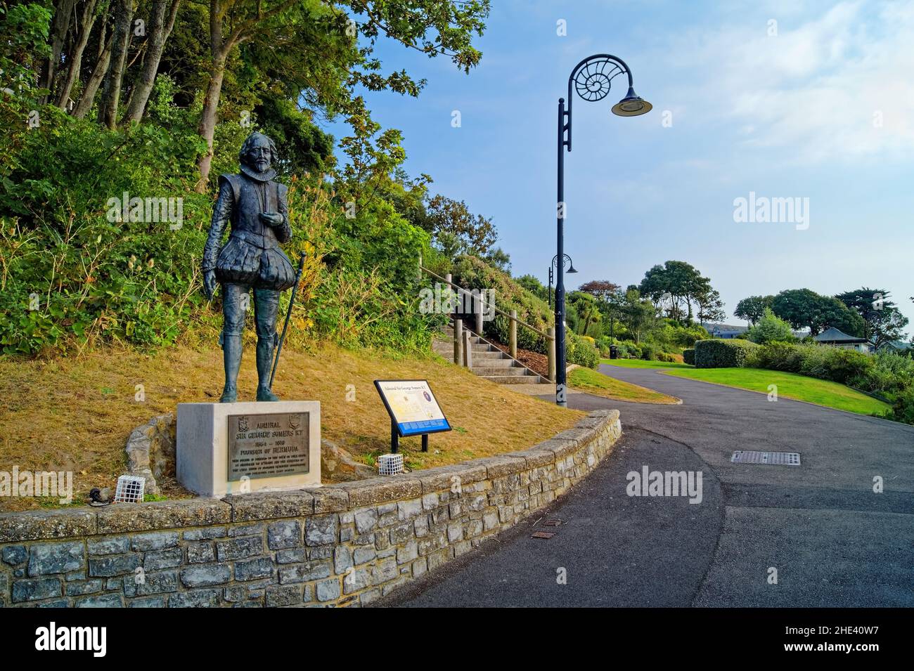 UK, Dorset, Lyme Regis, Statue of Admiral Sir George Somers in Langmoor ...