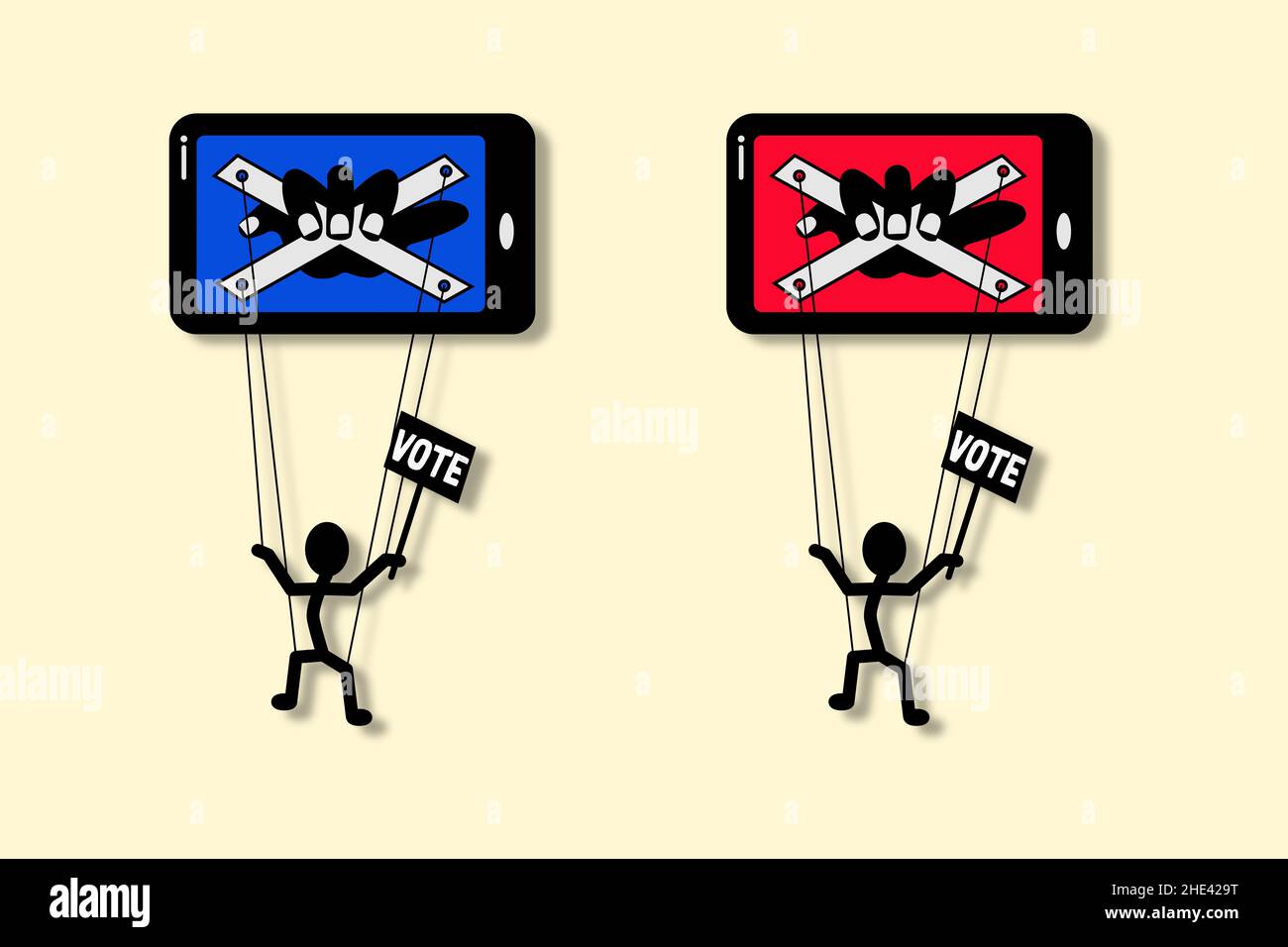 puppets on strings being manipulated by a hand on a smart phone, social ...